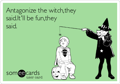 Antagonize the witch,they said.It'll be fun,they said. | Halloween Ecard